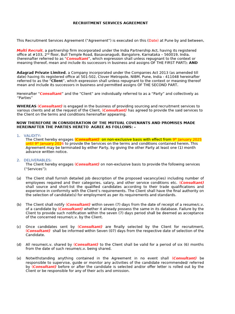 Recruitment Services Agreement Overview | PDF | Indemnity | Civil Law ...
