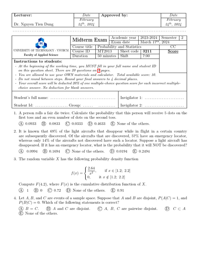 232 Mid Prob Stat Pdf Random Variable Probability Density Function