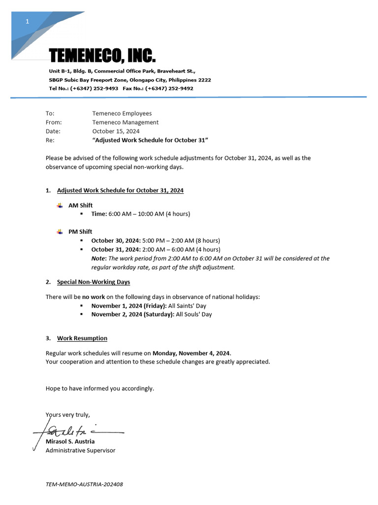 MEMO 202408 Adjusted Work Schedule For October 31 | PDF | Observances ...