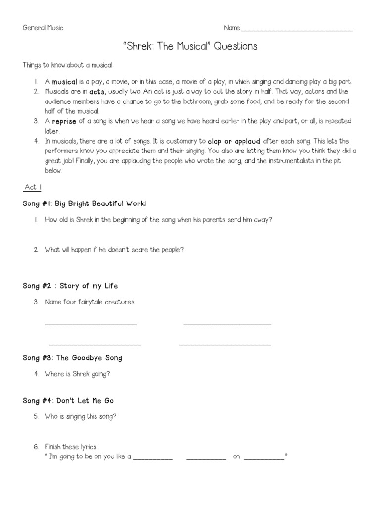 "Shrek: The Musical" Questions | PDF