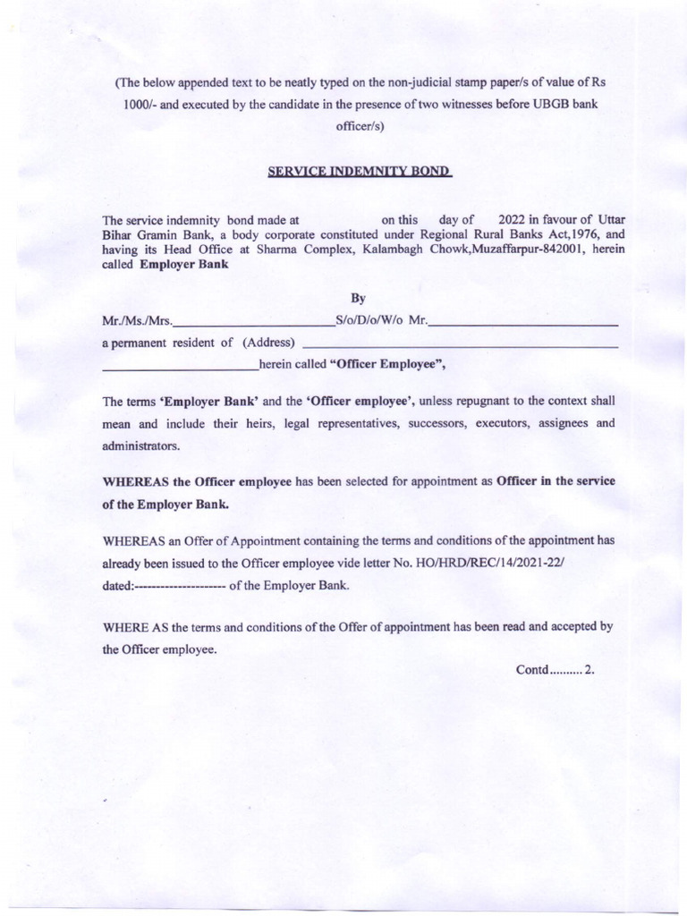 Service Indemnity Bond Format-Officer | PDF