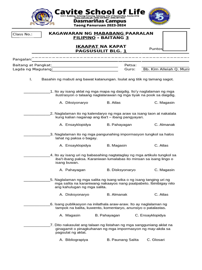 Pagsusulit Grade 3 4TH | PDF