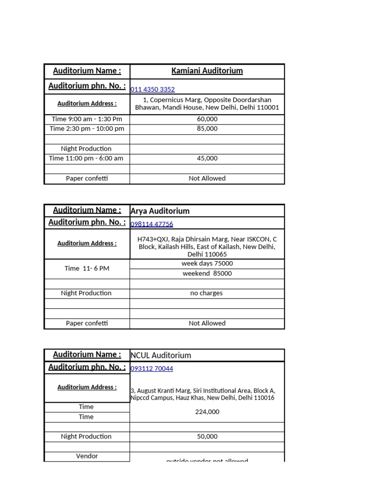 Arya Auditorium Booking Details | PDF