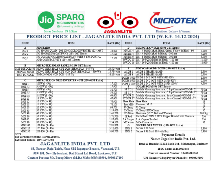 Jio & Microtek Solar - Jaganlite Price List W.E.F 14.12.2024 | PDF ...