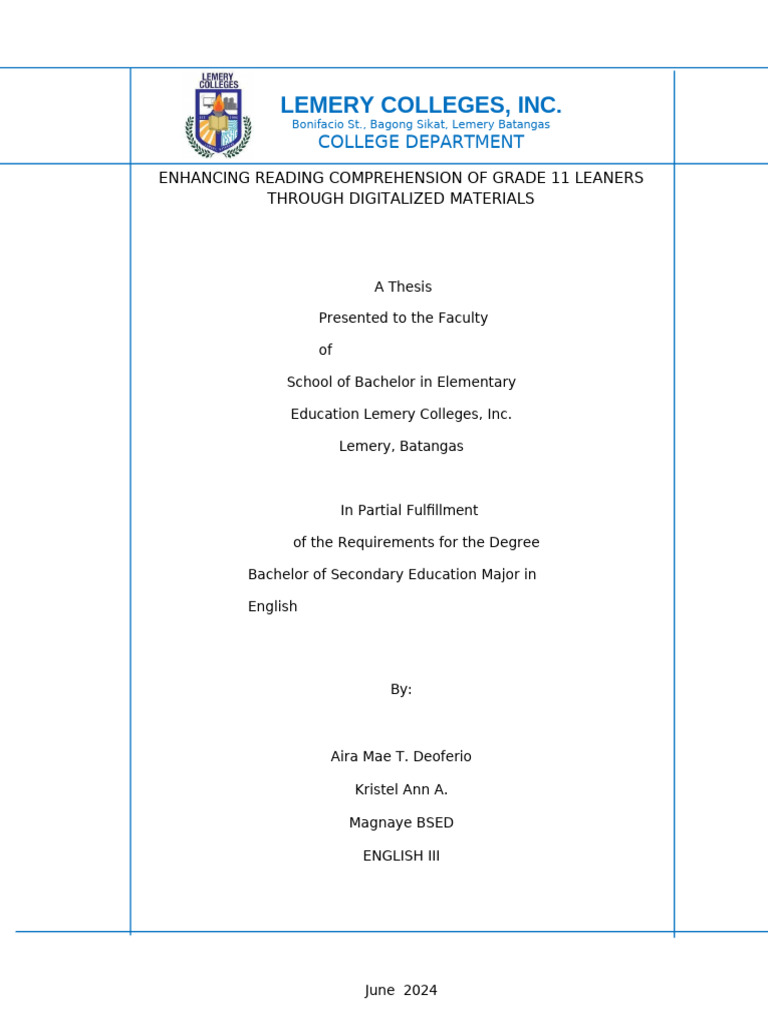 BSED-ENG-3-_-GROUP-7_-FINAL-THESISSSS-1-AutoRecovered | PDF | Reading Comprehension | Learning