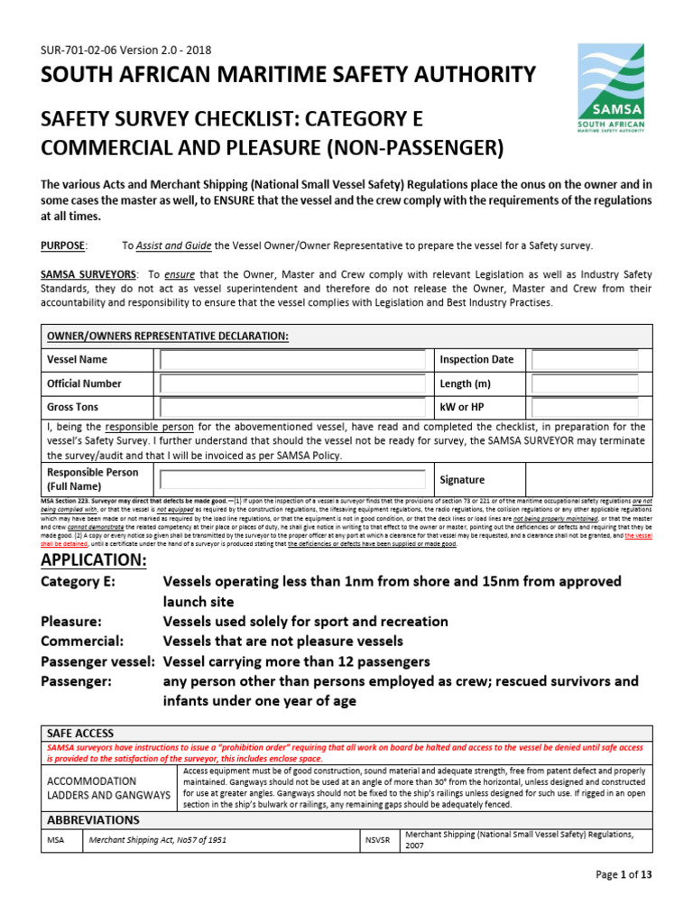 SAMSA Category E Safety Checklist | PDF | Water Transport | Shipping