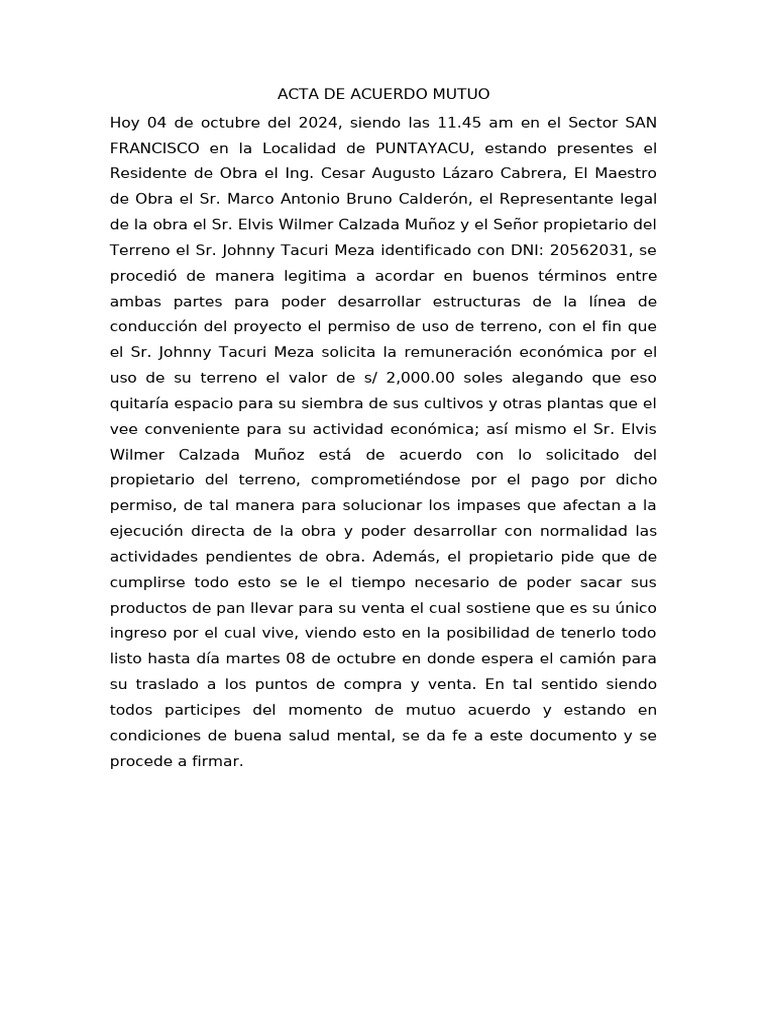 Actas de Mutuo Acuerdo y Autorizacion | PDF