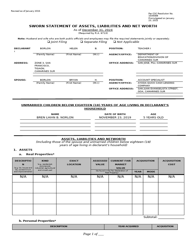 2015-saln-form__1_ (2) | PDF | Financial Accounting | Money