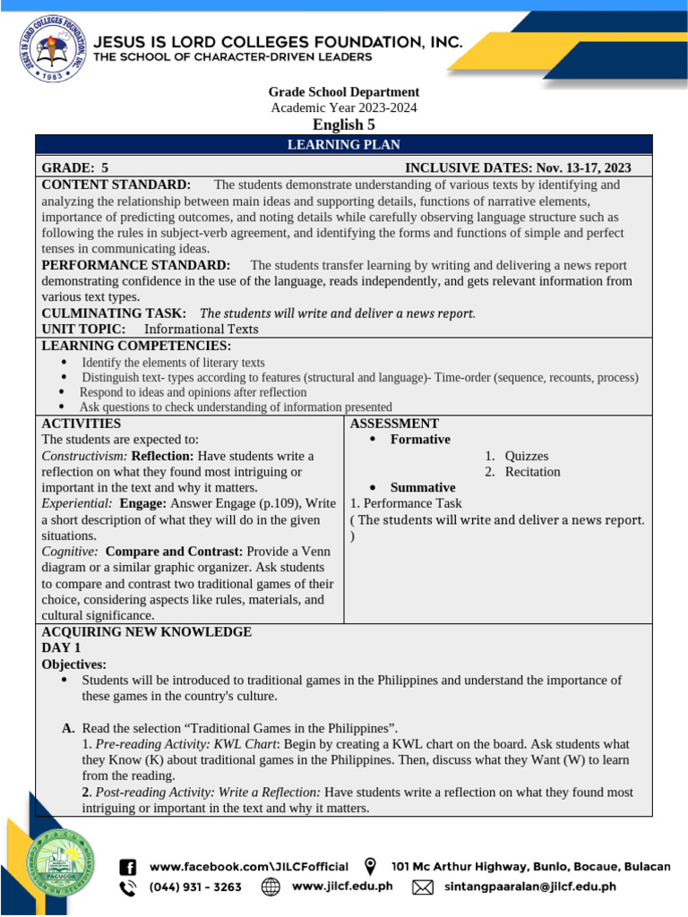 ENG. 5 Q2-WLP-W2 | PDF | Human Communication | Learning