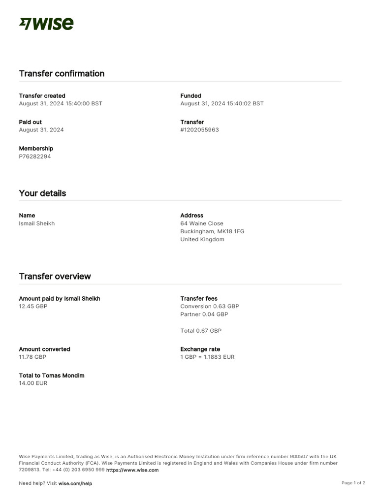 Wise Transfer 1202055963 | PDF | Wire Transfer | Banking Technology