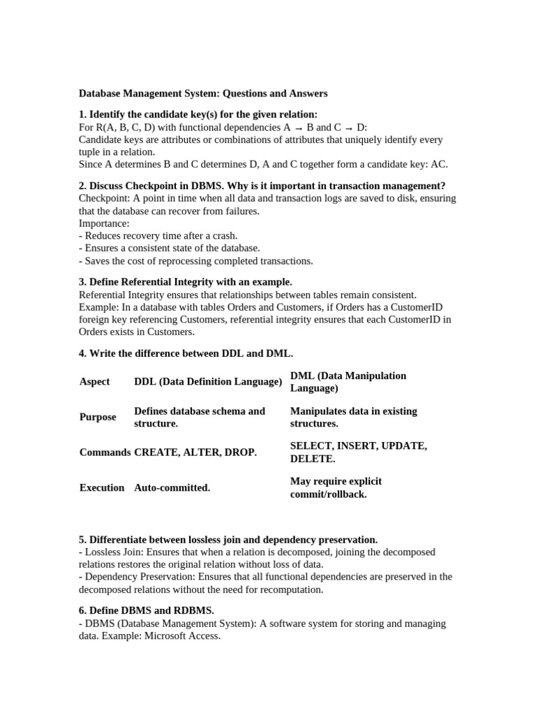 DBMS 15 questions | PDF | Relational Database | Databases