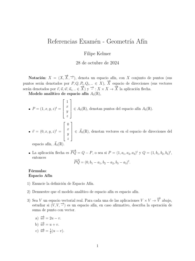 Previa Examen 1 Geometría Afin | PDF | Espacio vectorial | Subespacio lineal
