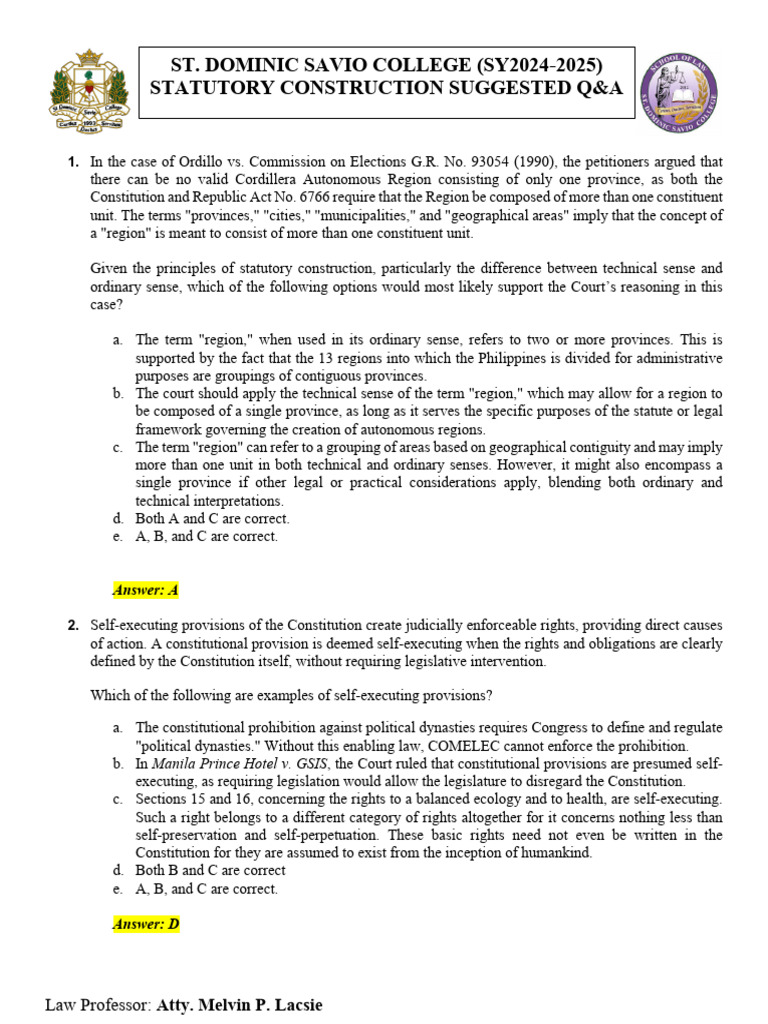 Statutory Construction Q&A Guide | PDF | Statutory Interpretation | Precedent