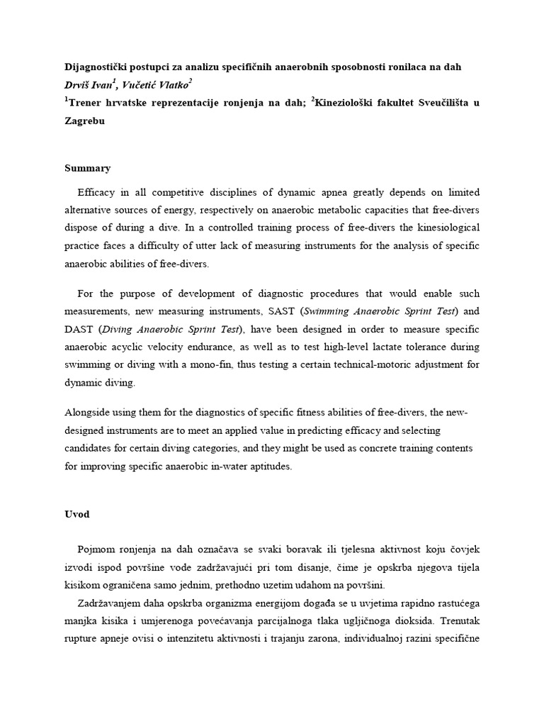 Drviš, Vučetić - Dijagnostički Postupci Za Analizu Specifičnih Anaerobnih Sposobnosti Ronioca Na ...