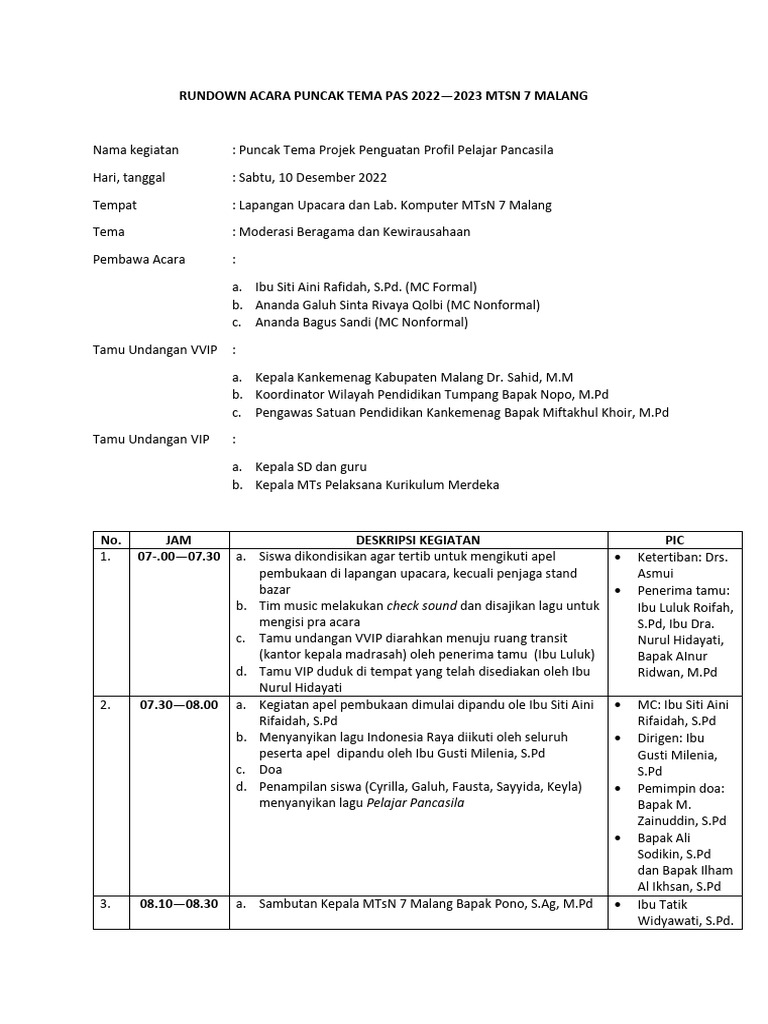 Rundown Acara Puncak Tema Pas 2022 | PDF