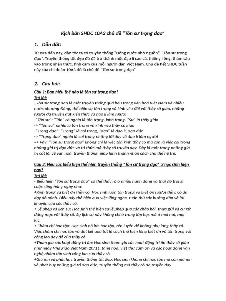 kịch bản shdc 10a3 | PDF
