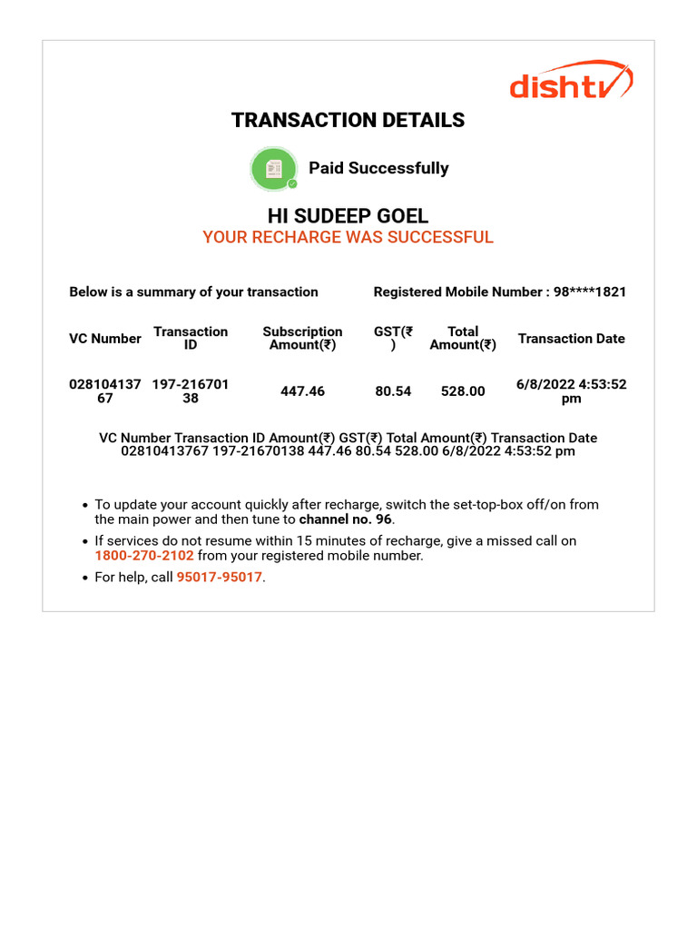Dish TV JUNE 2022 THREE MONTHS Payment Receipt | PDF