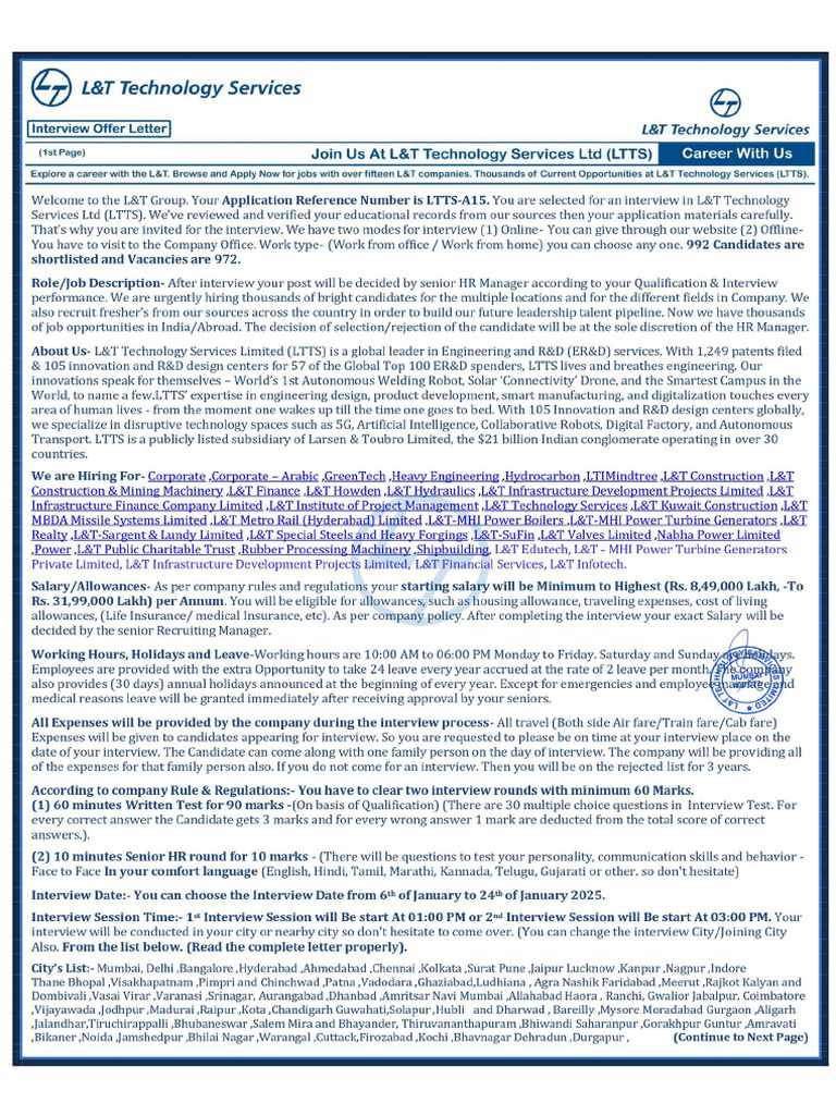 Interview Invitation Letter LTTS | PDF