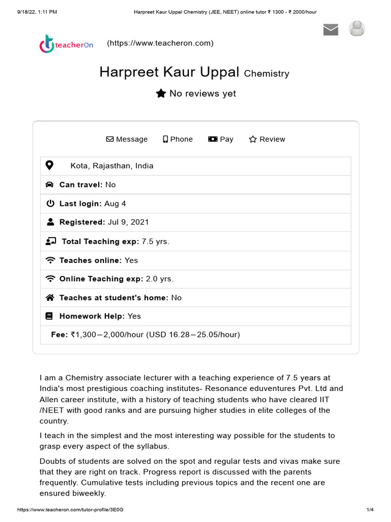 Harpreet Kaur Uppal Chemistry (JEE, NEET) Online Tutor 1300 - 2000 - Hour | PDF