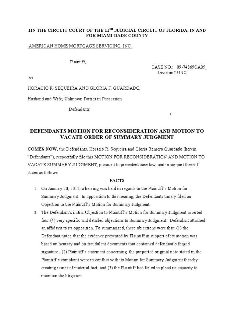Motion for Reconsideration in Florida Case | PDF | Summary Judgment ...
