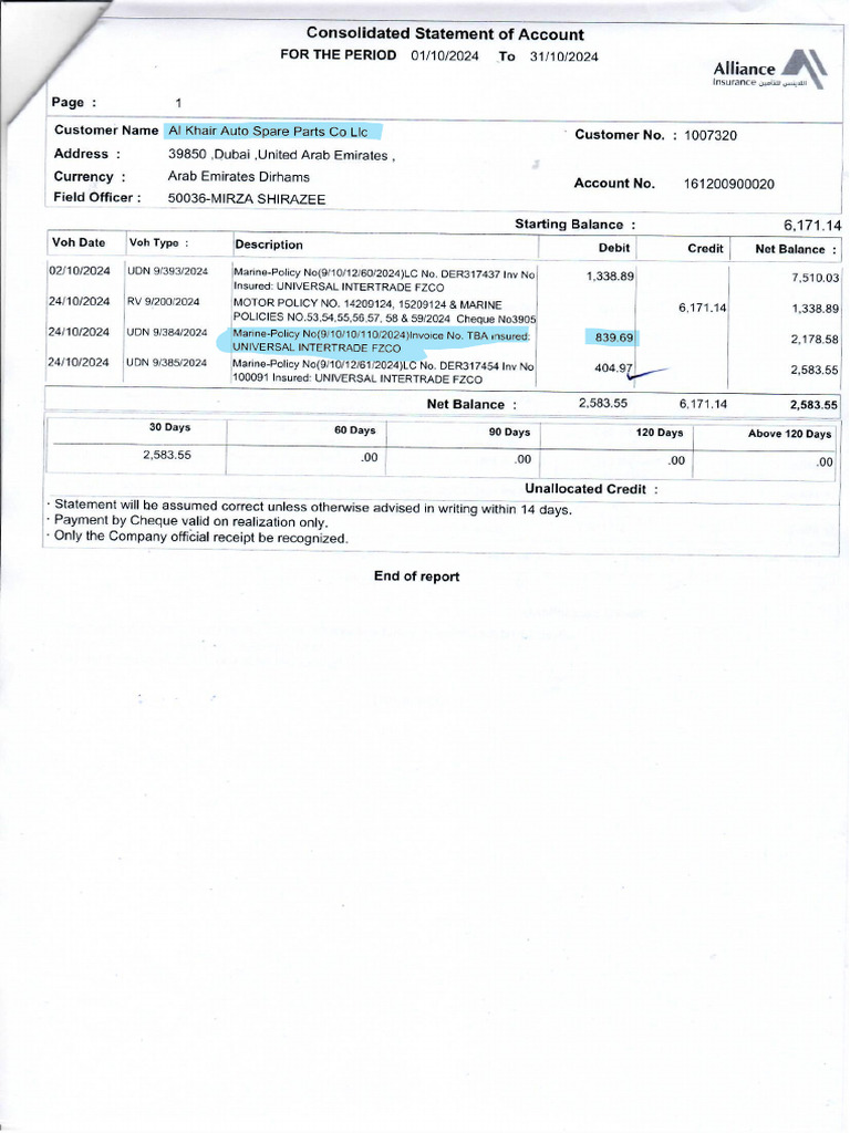 Allaince Import Account Statement | PDF