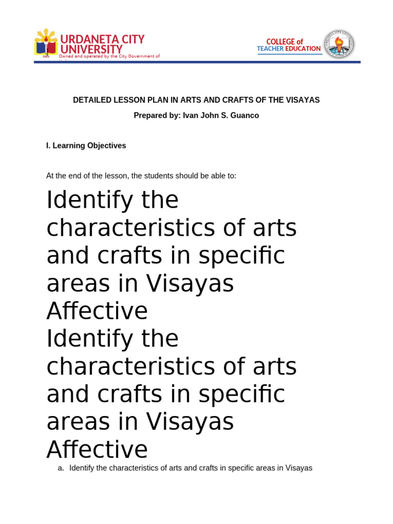 DETAILED LESSON PLAN in Visayas Arts N Crafts - S - Guanco Ivan John S ...