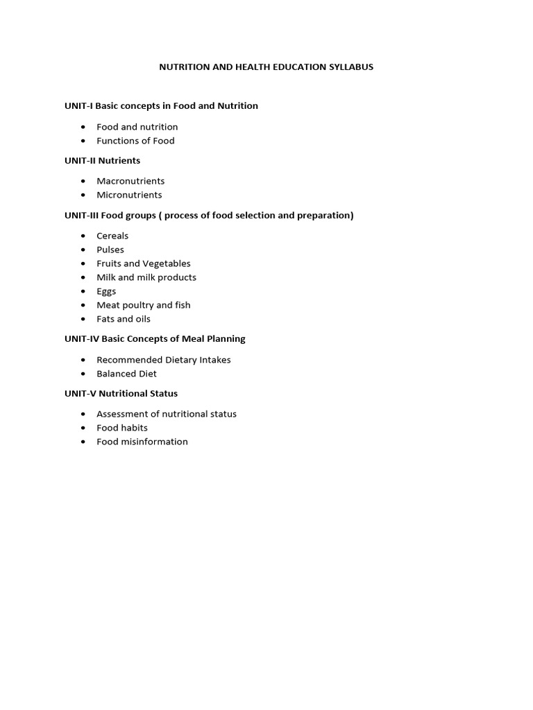 Health Nutrition Syllabus | PDF