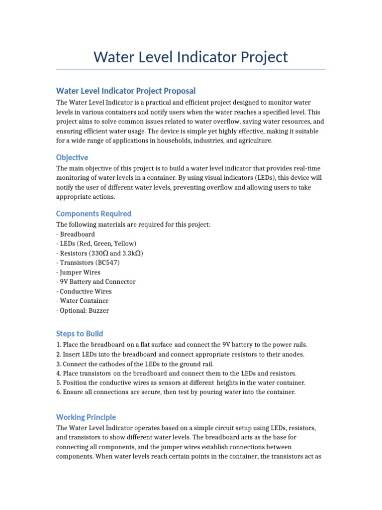 Enhanced Water Level Indicator Project Proposal | PDF | Light Emitting ...