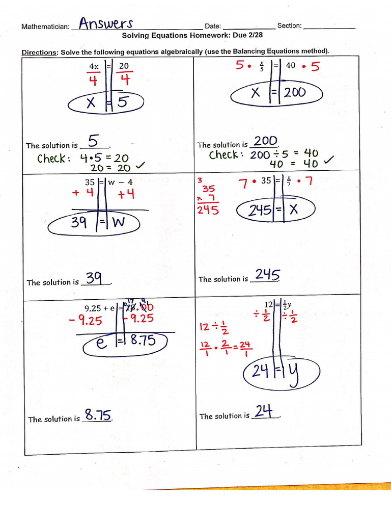 Solving Equations Review HW-Answers | PDF