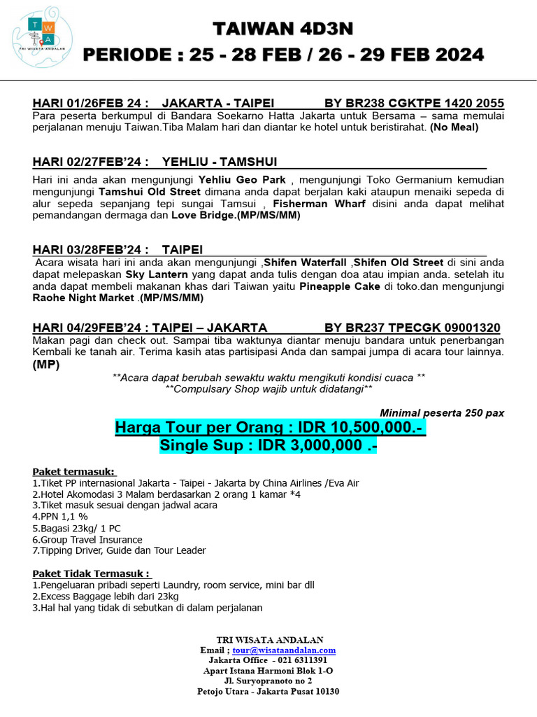 Paket Tour Jakarta-Taipei 2024 | PDF