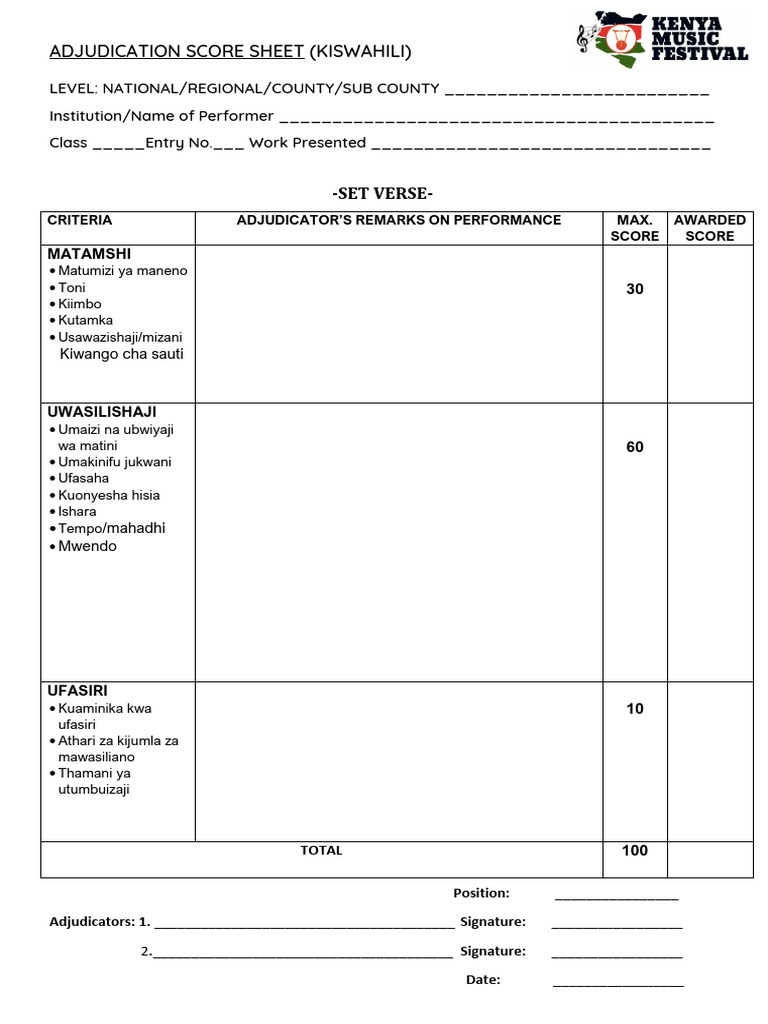 Adjudication Score Sheet For Kiswahili | PDF