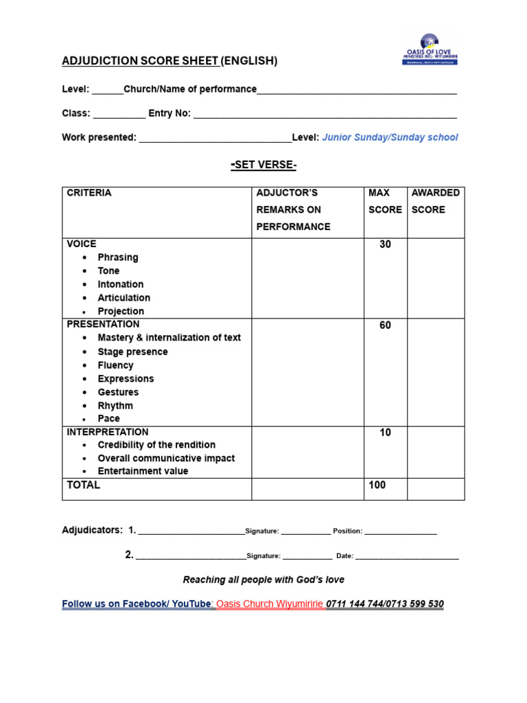 Adjudication Score Sheet for Performances | PDF