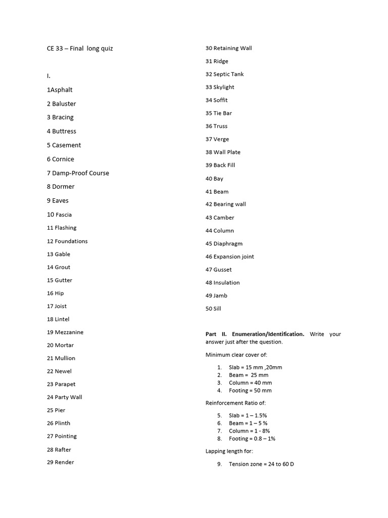 CE 33 Final Long Quiz 2024 25 1st Answer | PDF | Beam (Structure) | Column