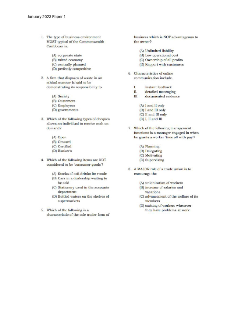 POB January 2023 Paper 1 | PDF