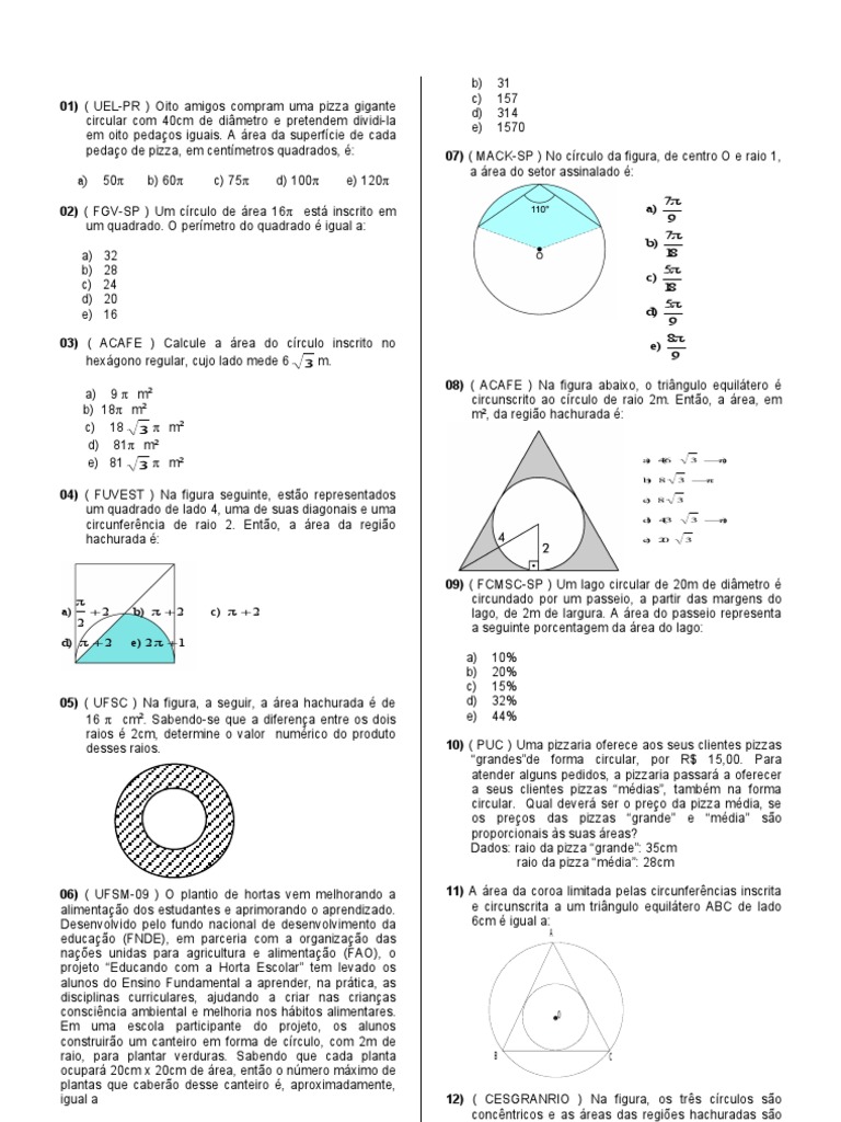 Exercícios de Círculo e Circunferência | PDF | Pi | Triângulo