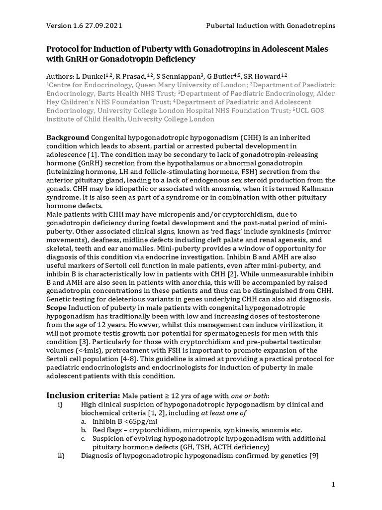 Protocol For Induction of Puberty With Gonadotropins in Males With GNRH ...