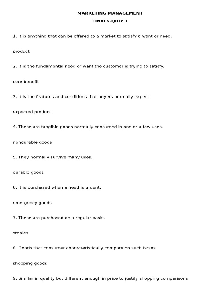 Marman Finals Quiz 2 With Answers | PDF | Product (Business) | Goods