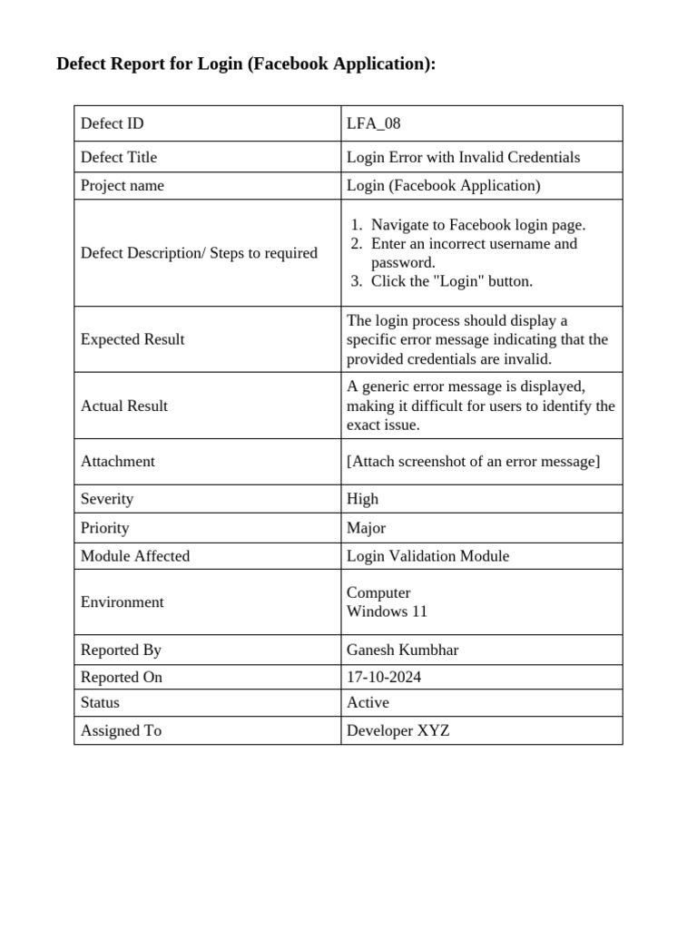 Defect Report Login | PDF