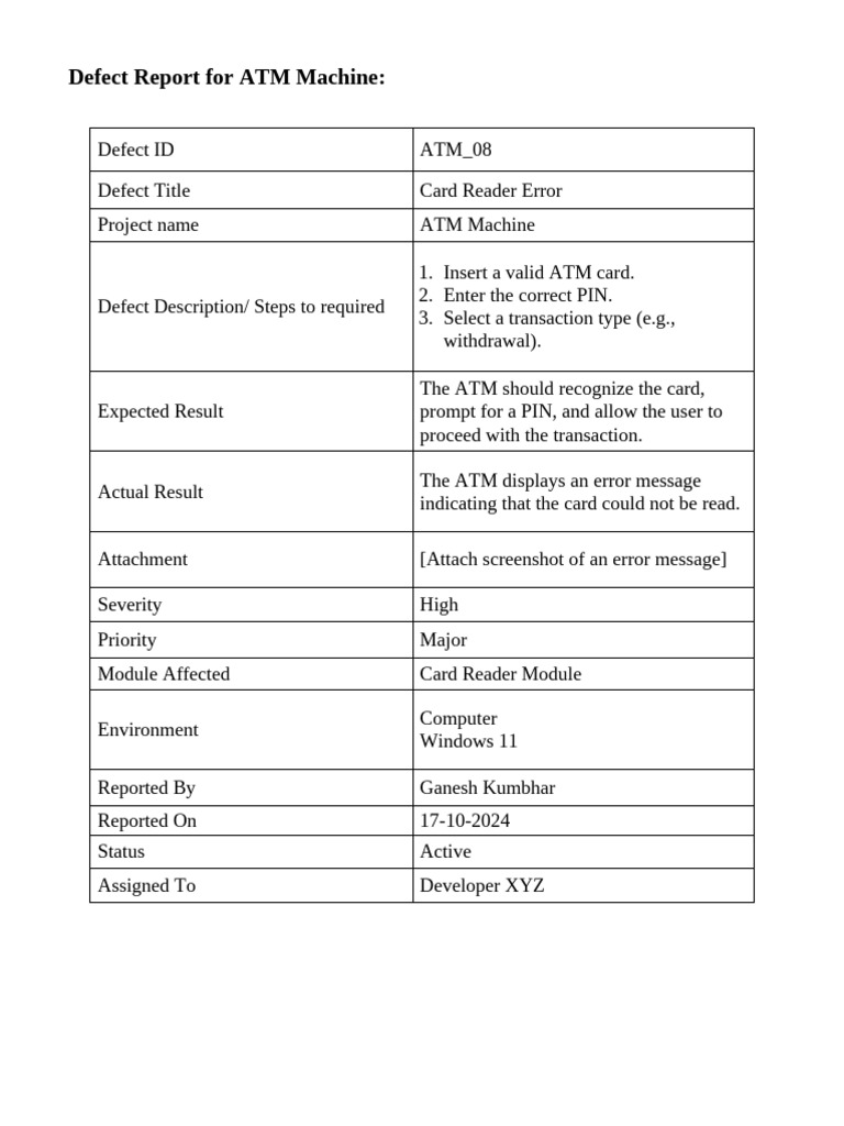 Defect Report ATM | PDF