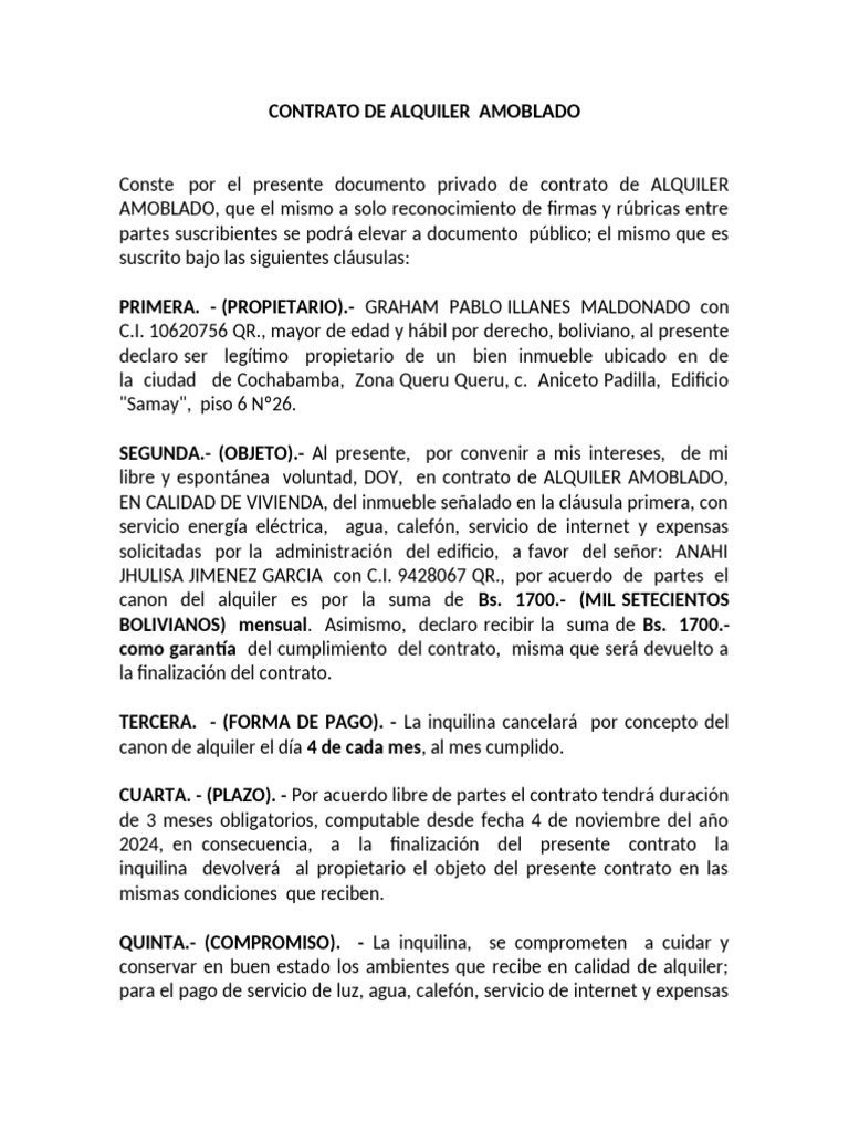 Contrato de Alquiler Amoblado Samay 6-26 | PDF | Inicio | Consentimiento