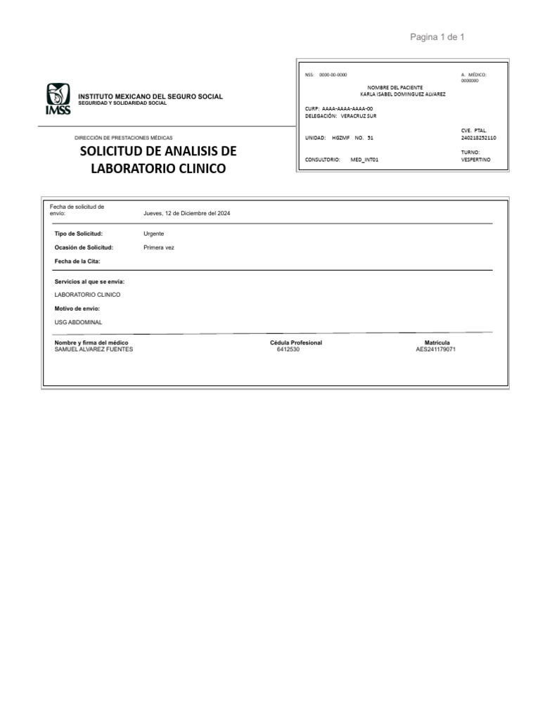 694709020 Solicitud de Laboratorio IMSS | PDF