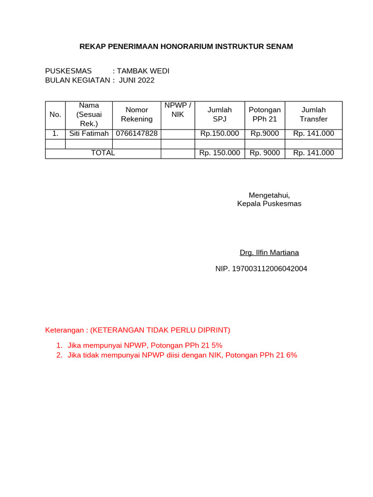 FORMAT SPJ Instruktur Senam 2022 APBD (Shofah) | PDF