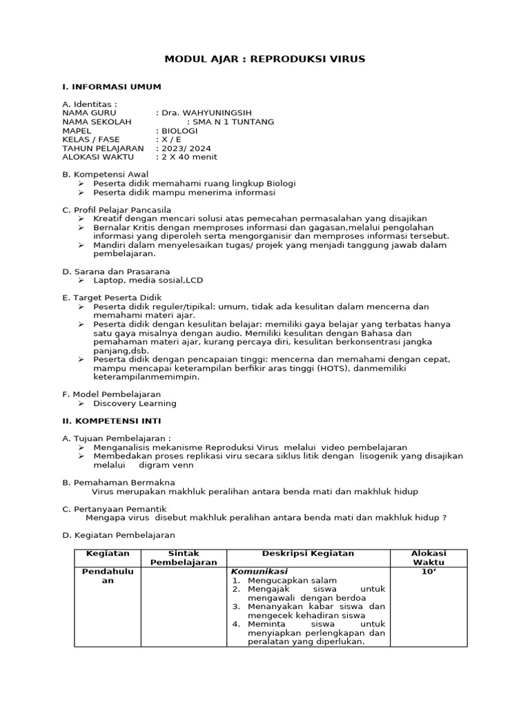Modul Ajar Virus | PDF