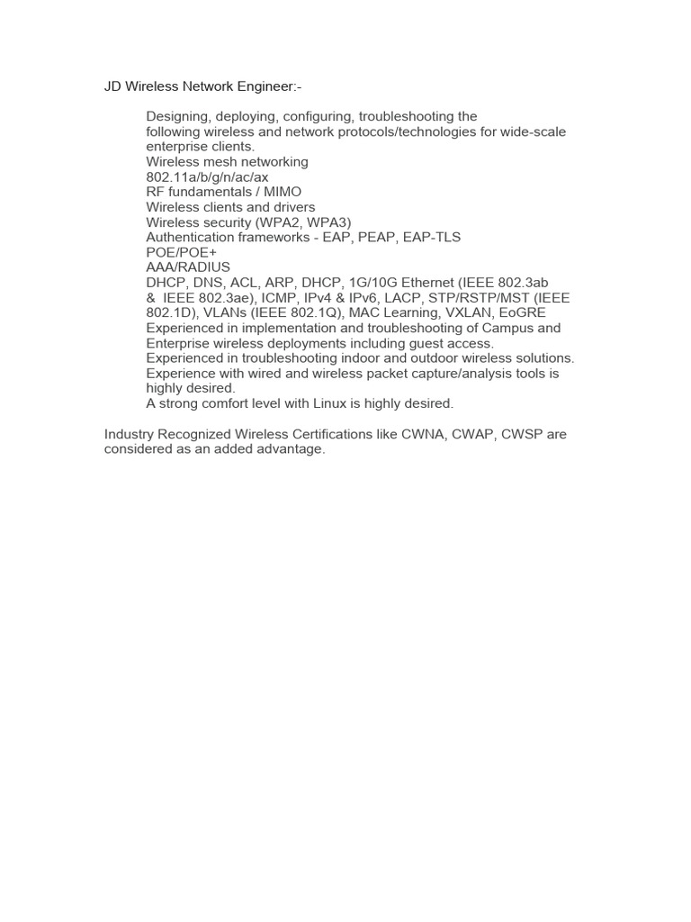 JD Wireless Network Engineer | PDF