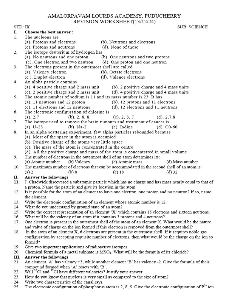 9 Science Revision Worksheet(13!12!24) | PDF | Atoms | Proton