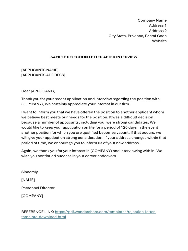 Sample Rejection Letter | PDF