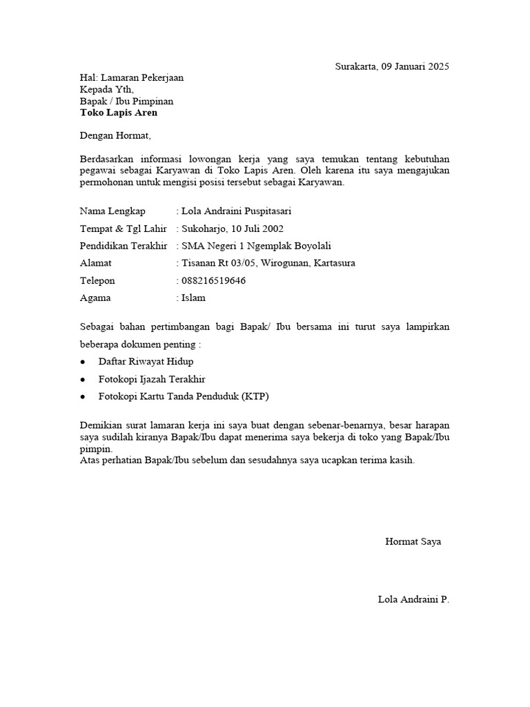 Lamaran Kerja Karyawan Toko Lapis Aren | PDF