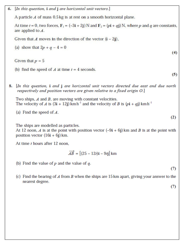 Vectors Motion Forces Past Paper Questions | PDF