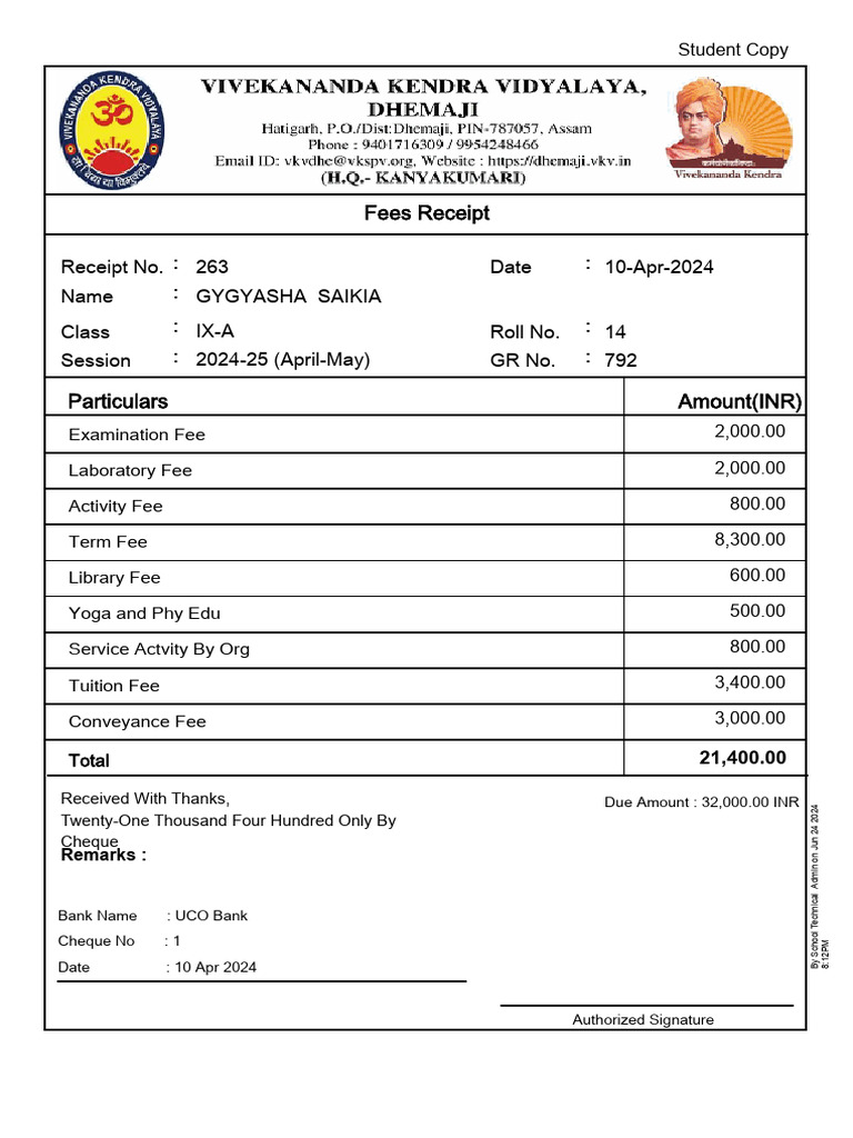 Fees Receipt: Gygyasha Saikia 10-Apr-2024 Name Receipt No. Date 263 14 Roll No. Class Ix-A | PDF