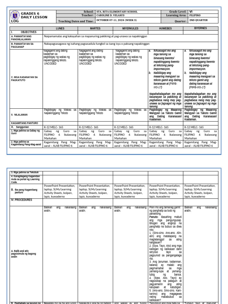 CDV_DLL_Q2_FILIPINO W3 OCT07-11 | PDF